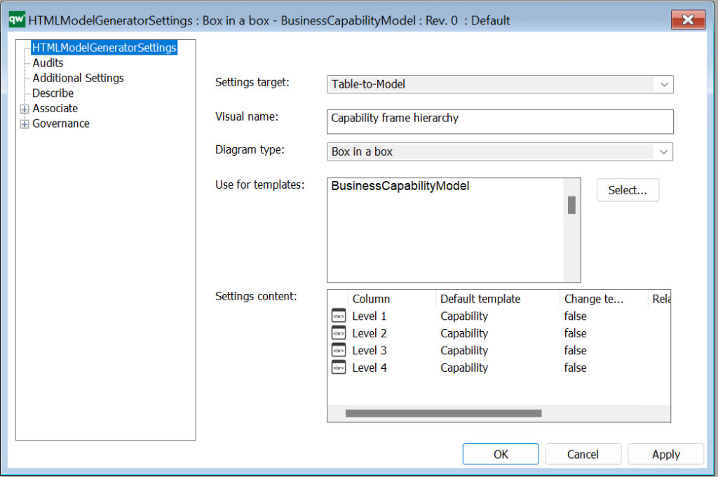 HTML Model Generator Settings | QualiWare Center of Excellence