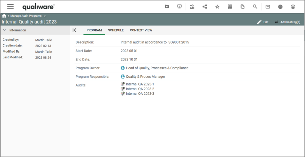 Manage Audit Programs | QualiWare Center of Excellence