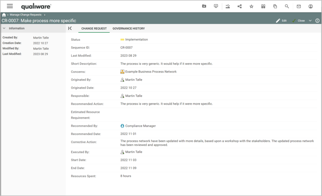 Manage Change Requests | QualiWare Center of Excellence